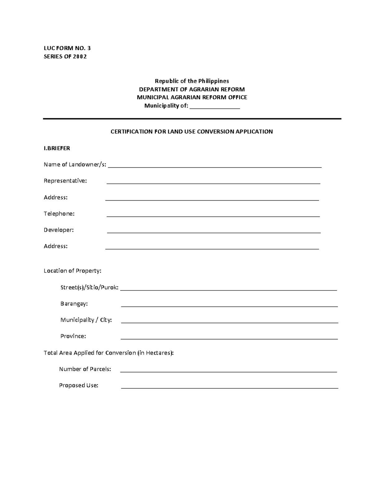 DAR LUC Form No. 3 - Certification for Land Use Conversion Application ...