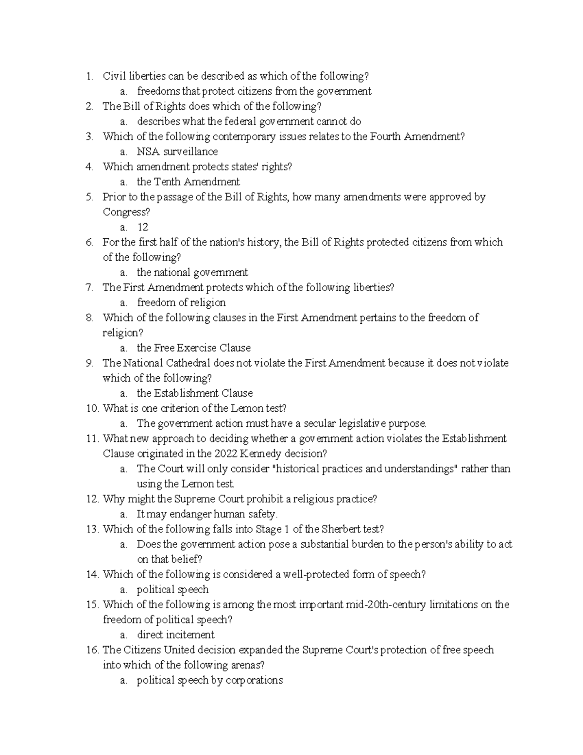 Chapter 16 Civil Liberties - Civil liberties can be described as which ...