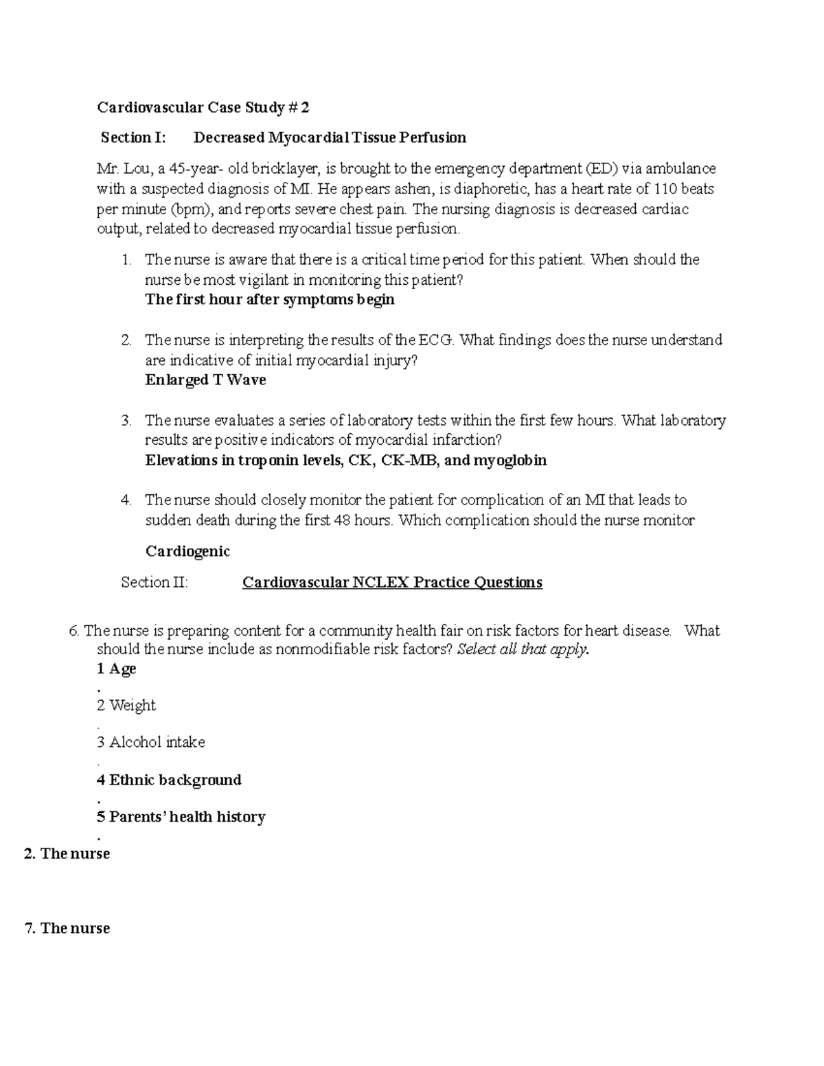 Cardiovascular Case Study & NCLEX Practice Qs – Student Version - Studocu
