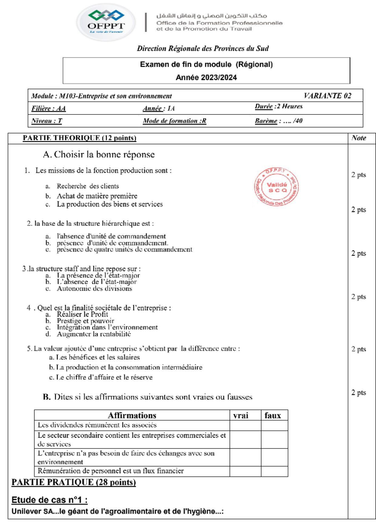 Examen de Fin de Module OFPPT - 1A - Filière AA - Variante 02 - Studocu