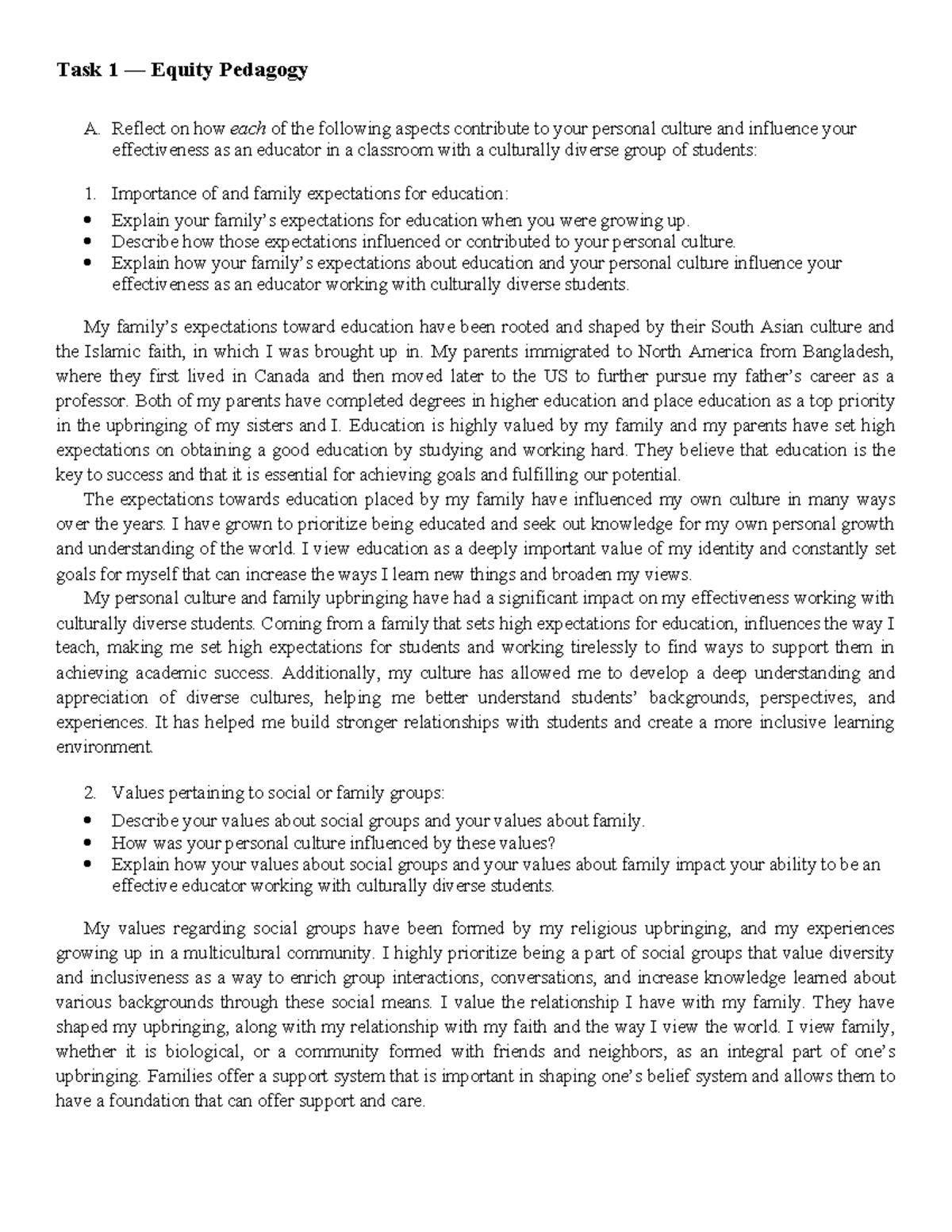 Equity Pedagogy: Task 1 Reflection on Personal Culture and Teaching ...