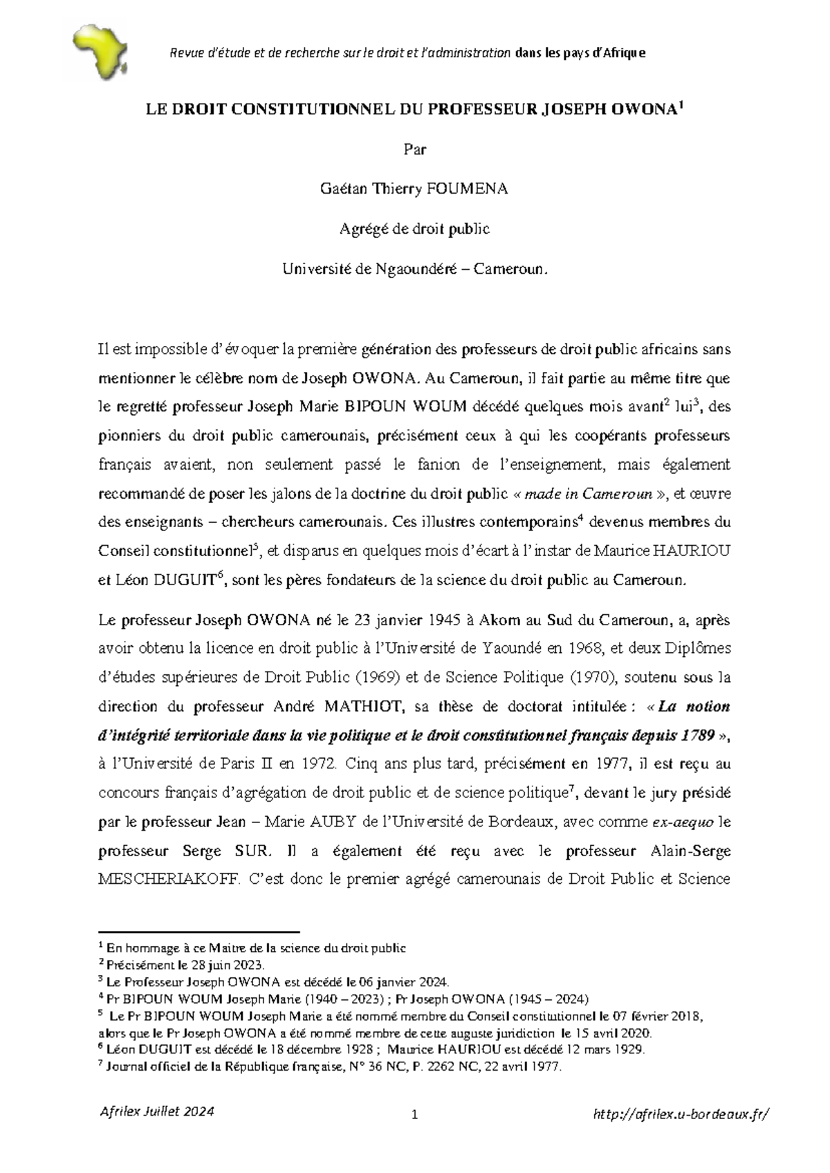 Hommage au Professeur Joseph OWONA : Droit Constitutionnel et Héritage ...