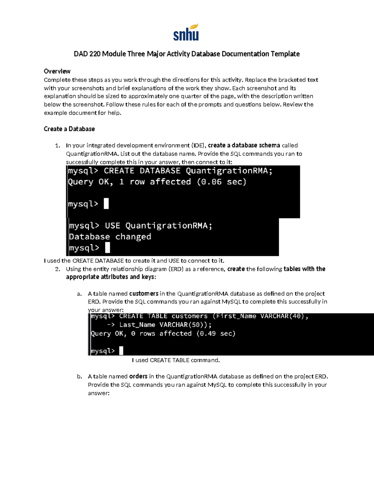 DAD 220 Module Three Major Activity Database Documentation Template - Replace the bracketed text ...