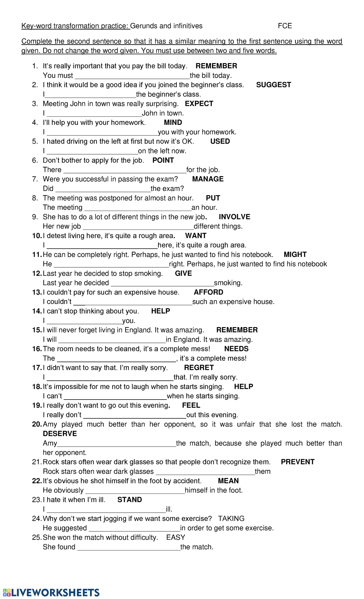 FCE Gerunds and Infinitives: Sentence Transformation Practice - Studocu