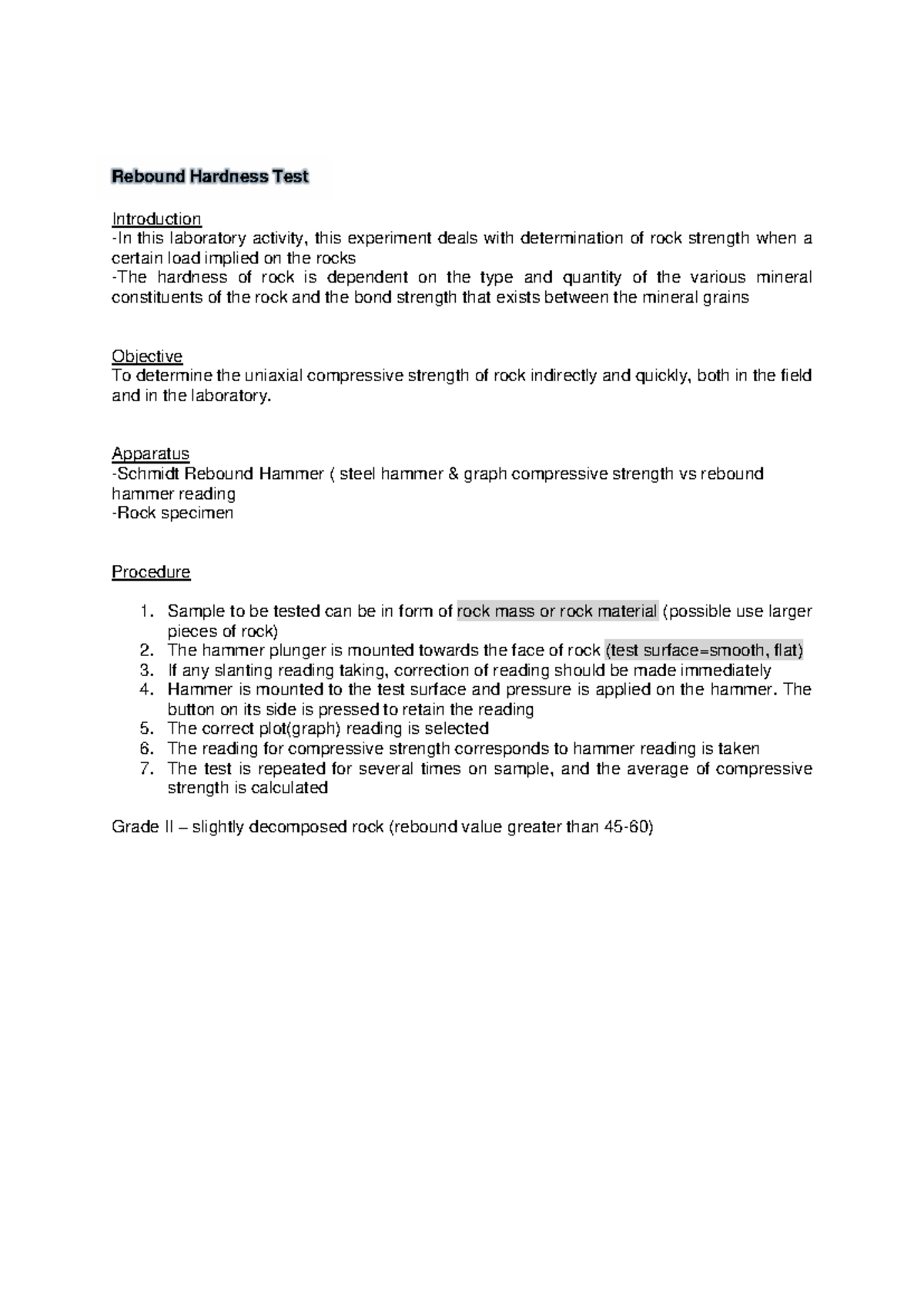 Practical Test Notes: Rebound Hardness & Slake Durability Tests - Studocu