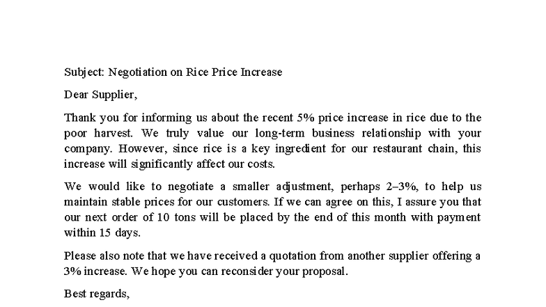 Negotiation Letter on Rice Price Increase - U6 Fees - Studocu