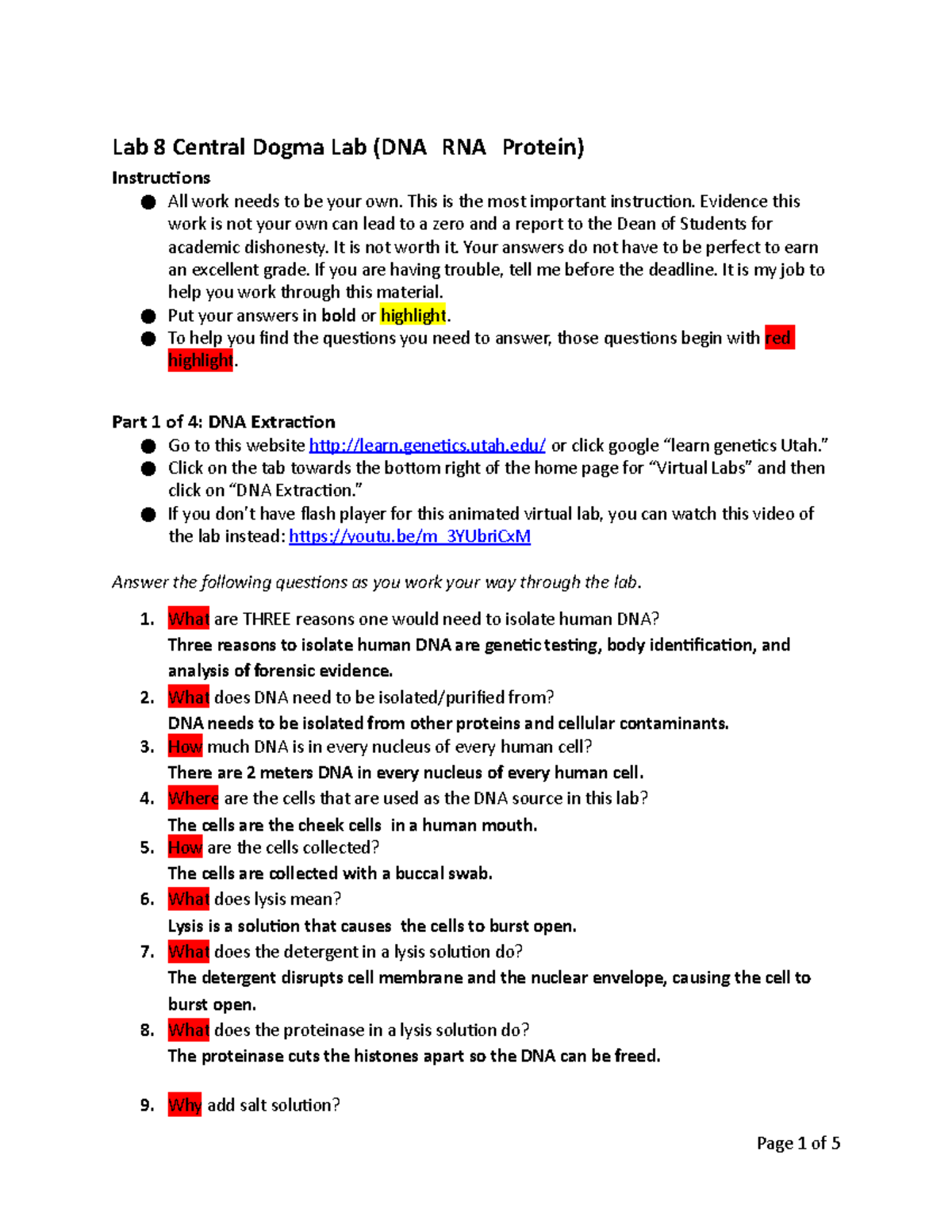 BIOL-1110 Online Lab 8: Exploring the Central Dogma (DNA, RNA, Protein ...