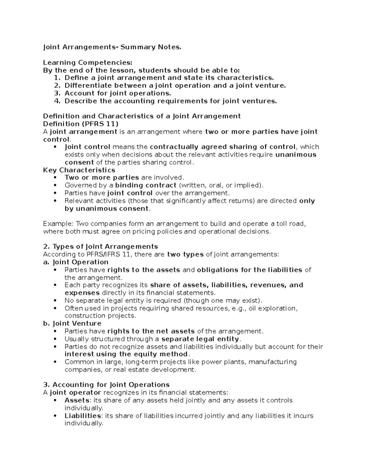 Joint Arrangements Summary Notes: Key Concepts & Accounting (Course ...
