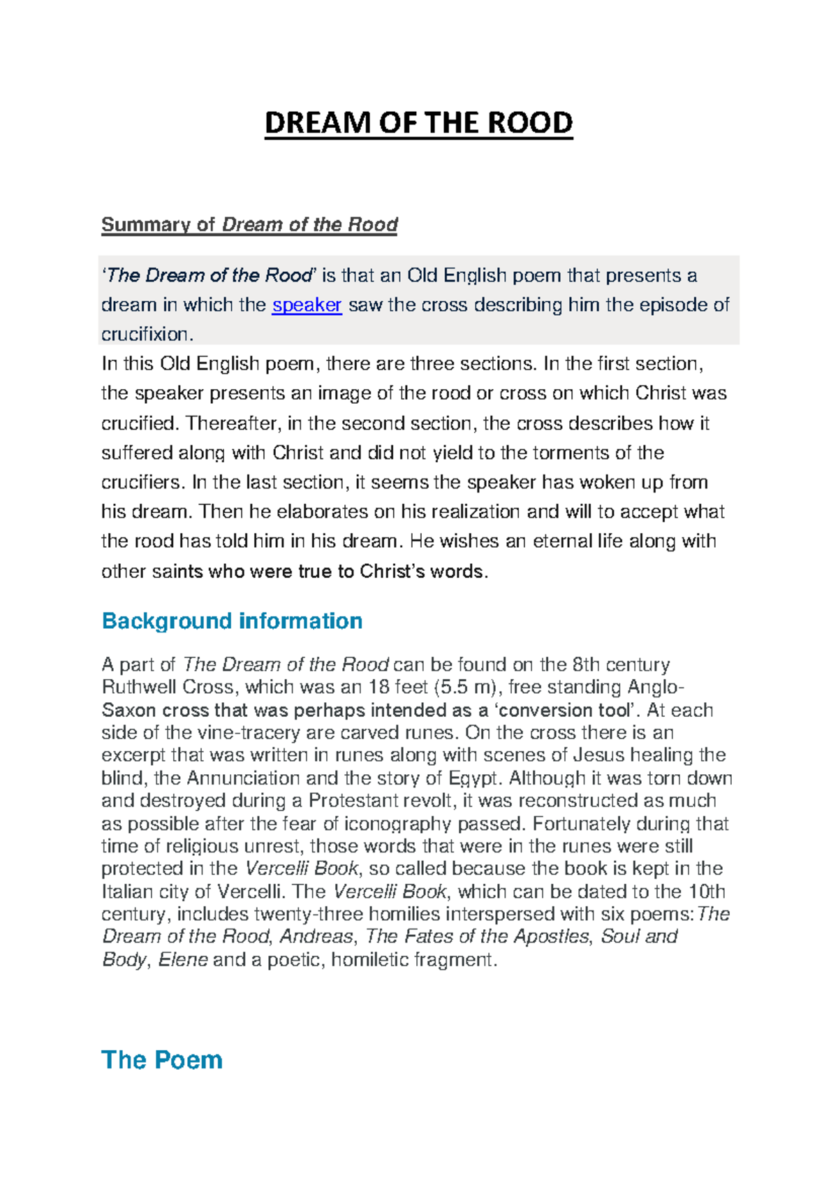 Dream of the Rood: An Analysis of a 8th Century Old English Poem - Studocu