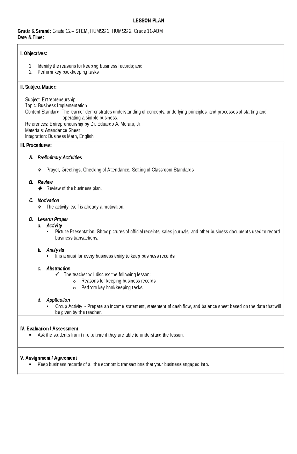 Lesson Plan in Entrepreneurship (ENTREP 101): Objectives & Activities ...