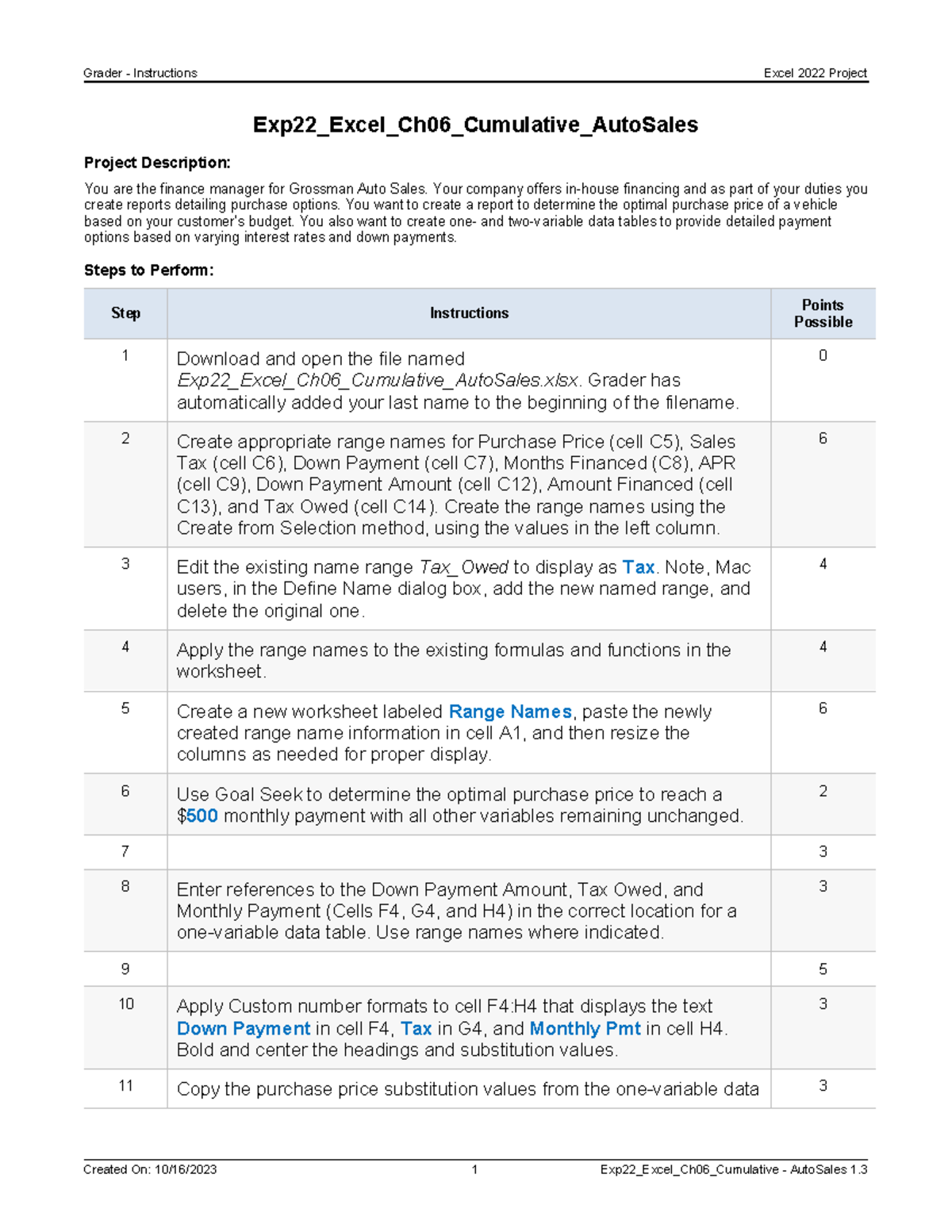 Exp22 Excel Ch06 Auto Sales Cumulative Project Instructions - Studocu