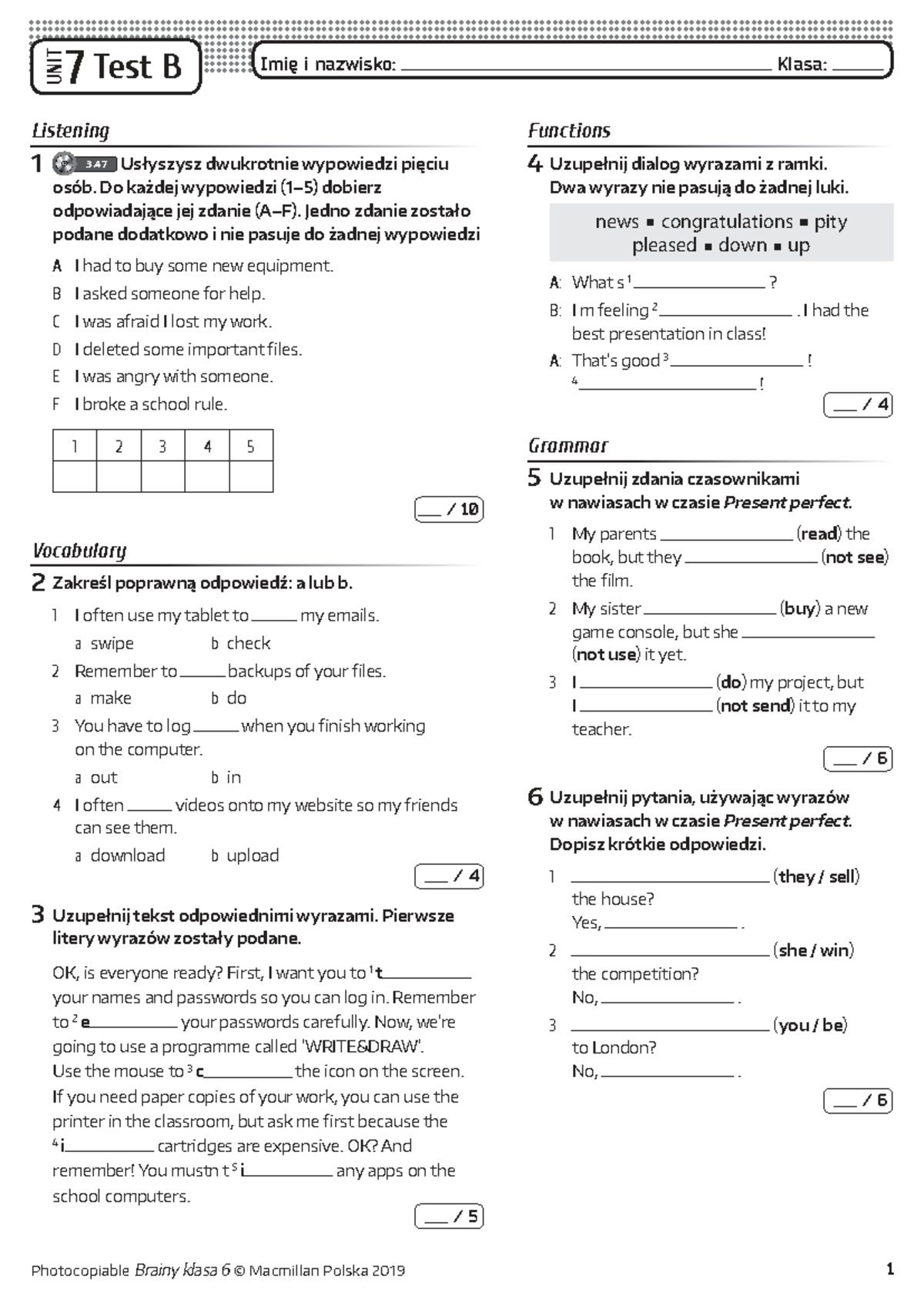 Brainy kl6 Unit Test 7B - Listening & Grammar Assessment - Studocu