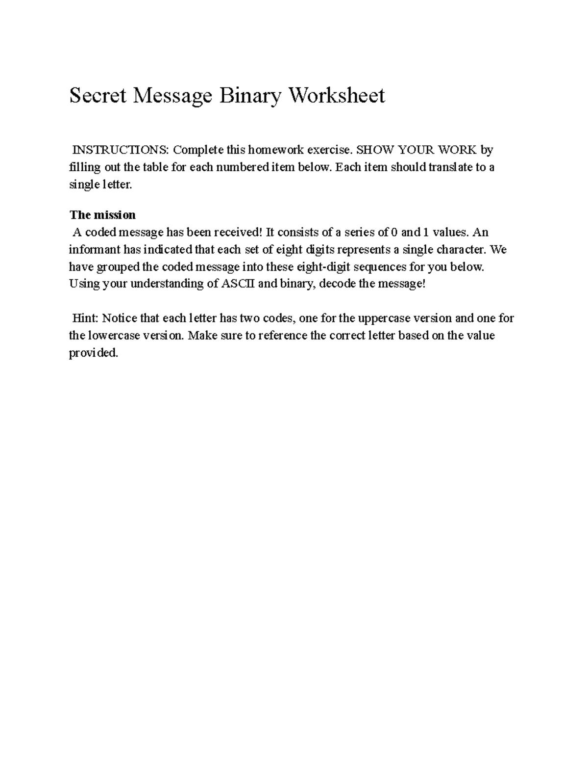 Secret Message Binary Homework Instructions - Studocu