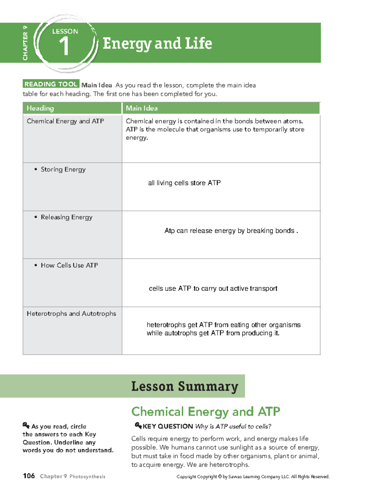 BIO CH09 Foundations For AP bio students - CHAPTER 9 LESSON 1 Energy ...