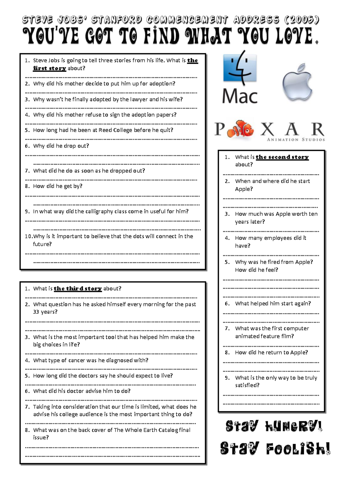 Worksheet- Steve Jobs - Perguntas de compreensão oral - Steve Jobs is ...