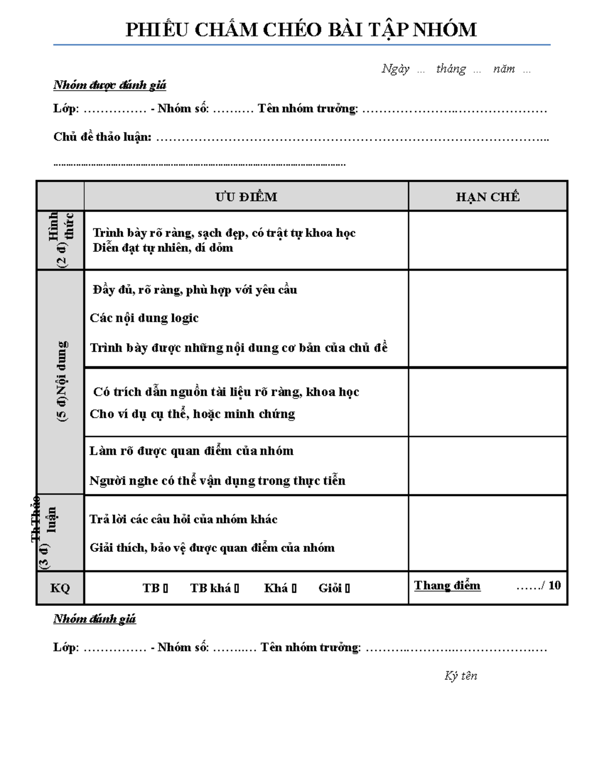 4. Phieu cham cheo bai tap thuyet trinh kỳ 20221 - PHIẾU CHẤM CHÉO BÀI ...