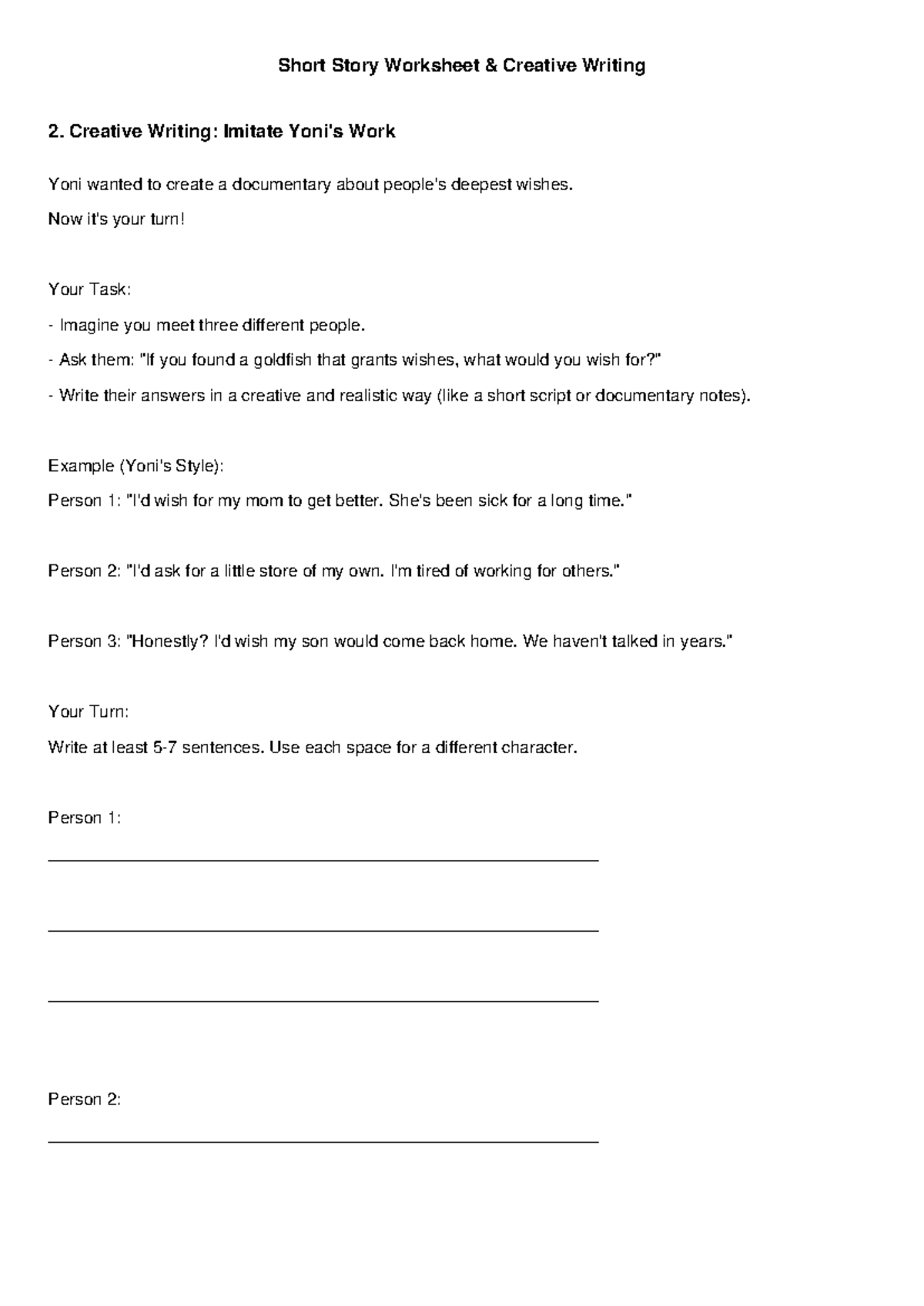 Creative Writing 2: Goldfish Wish Worksheet - Studocu