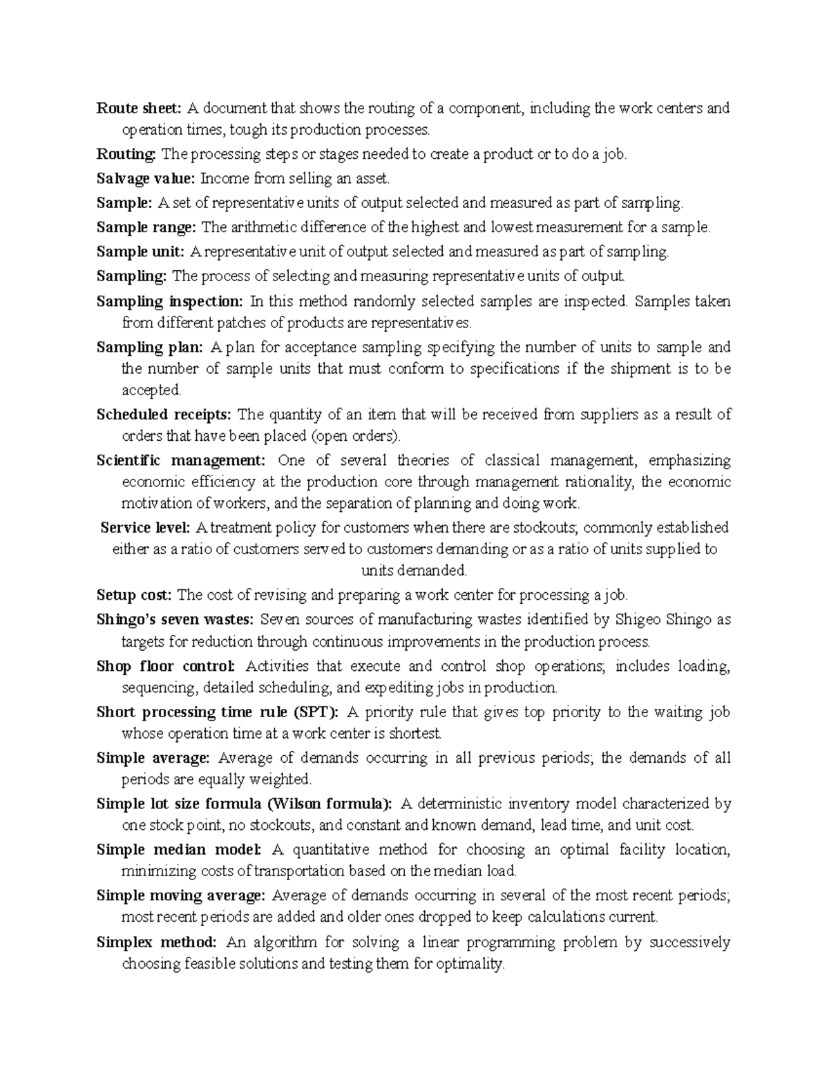 Route Sheet: Key Concepts in Production Processes and Management - Studocu