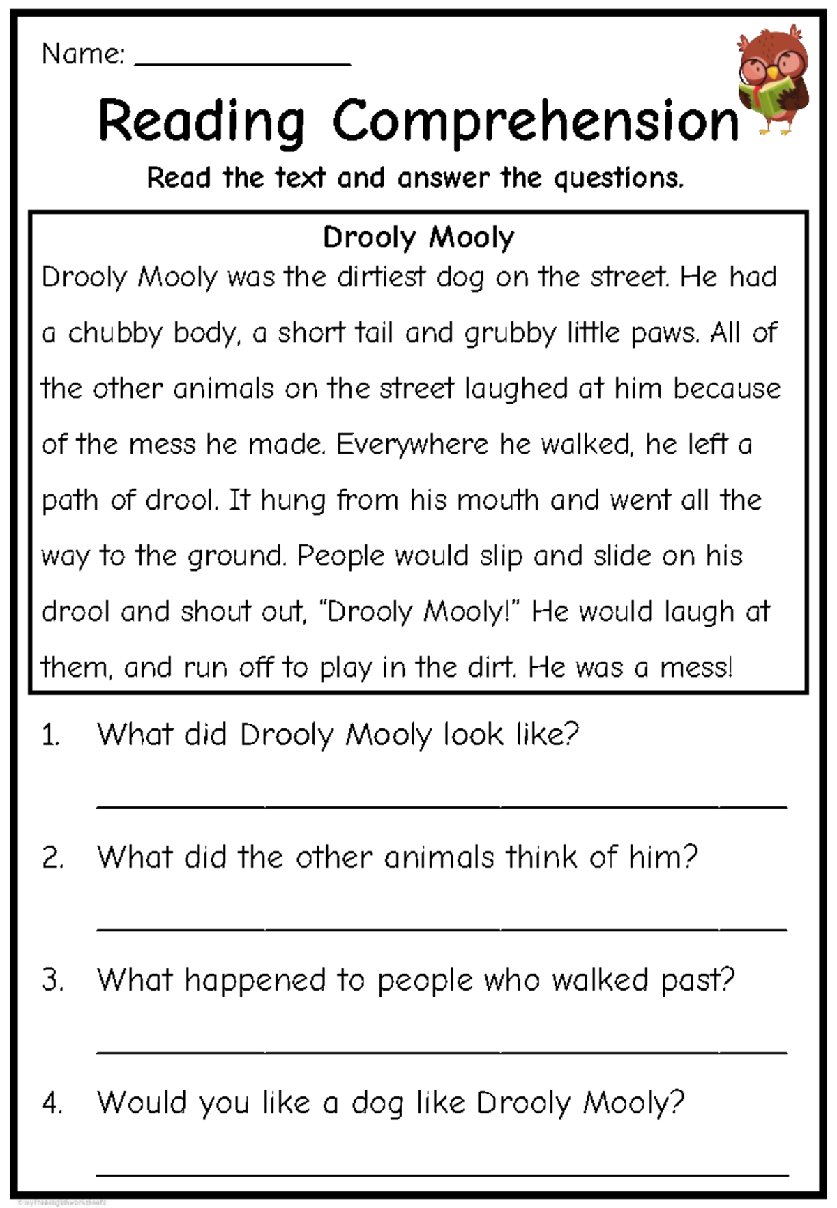 Reading Comprehension Grade 1: Drooly Mooly Story Questions - Studocu