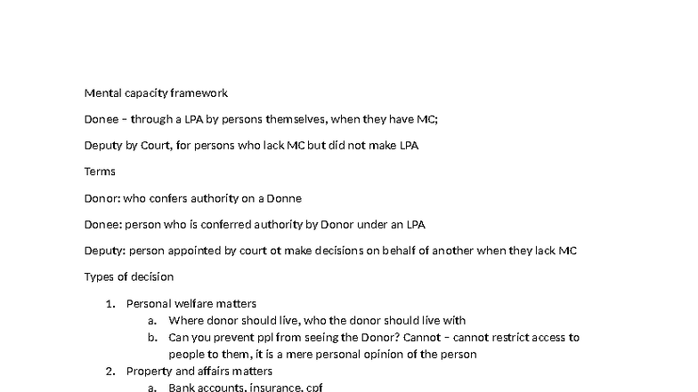 Mental Capacity Framework: LPA and Deputyship Overview (Lecture) - Studocu