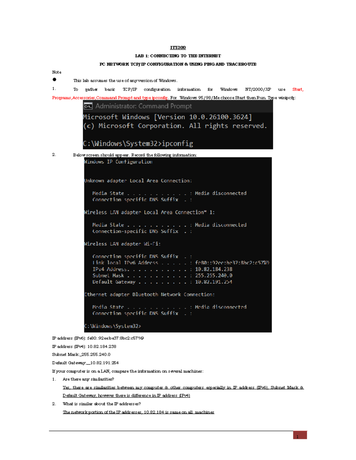 ITT300 Lab 1: Internet PC network configuration using ping and traceroute - Studocu