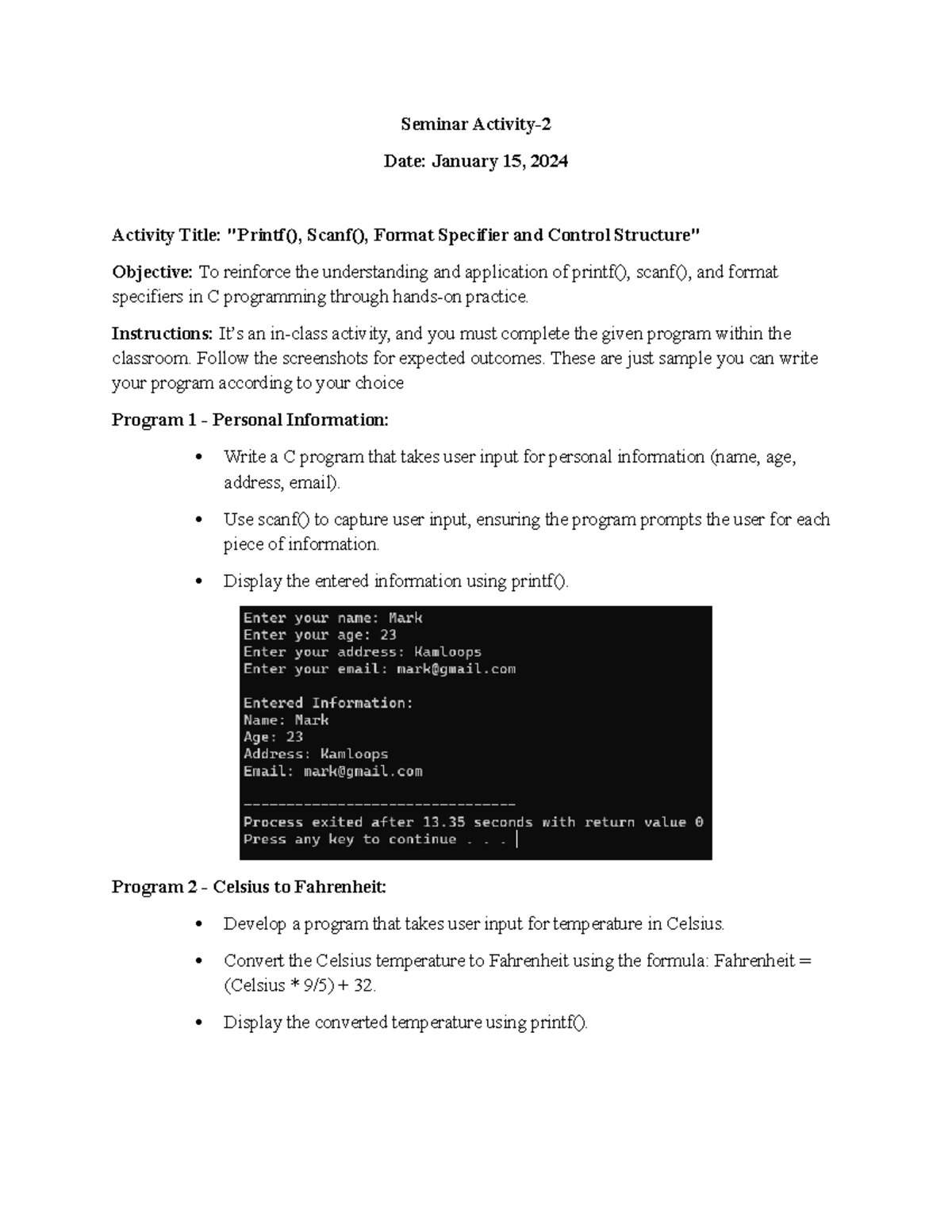 Seminar Activity-2: Mastering scanf() & printf() in C Programming - Studocu