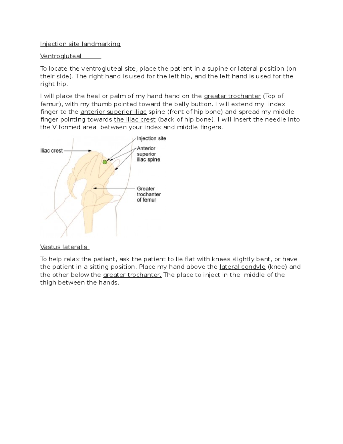 Injection Landmark Sites: Ventrogluteal & Vastus Lateralis - Studocu