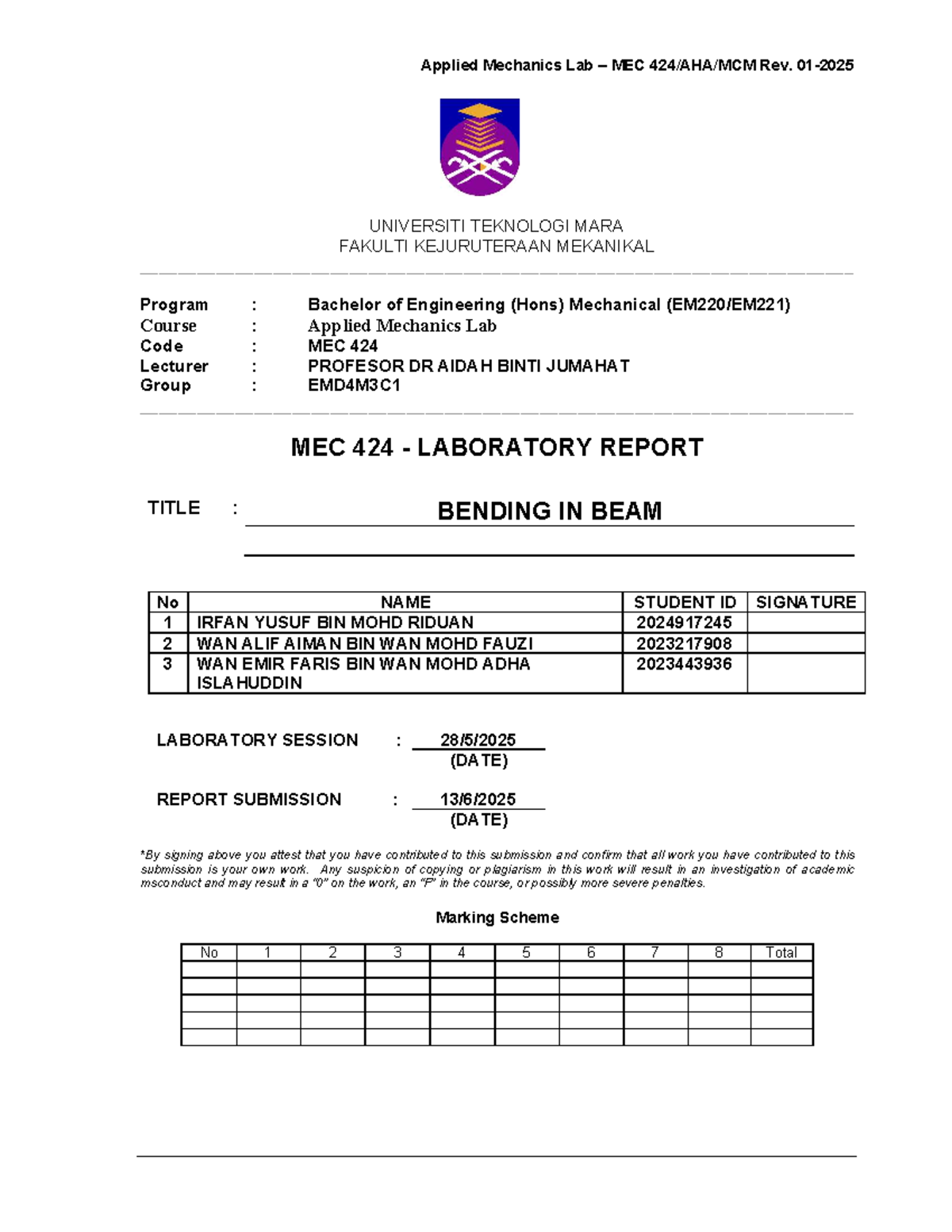 LAB REPORT: BENDING IN BEAM - MEC 424 Final Exam - Studocu