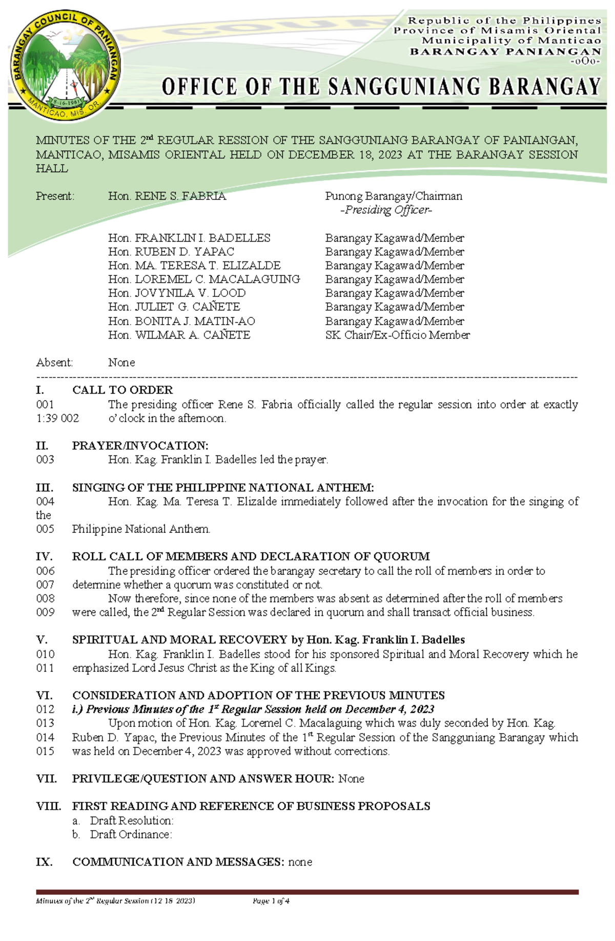 Minutes of the 2nd Regular Session of Sangguniang Barangay - Paniangan ...