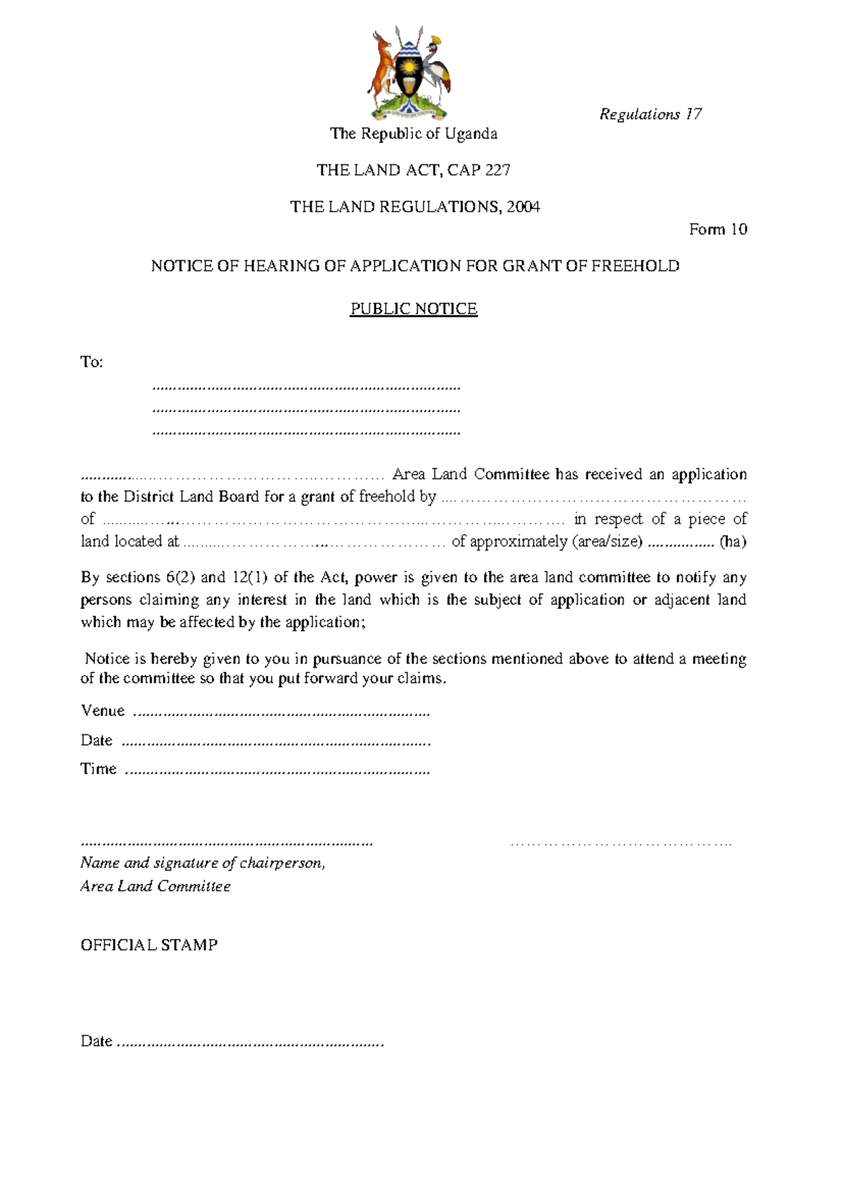 Form 10 - Notice of Hearing for Freehold Grant Application - Studocu