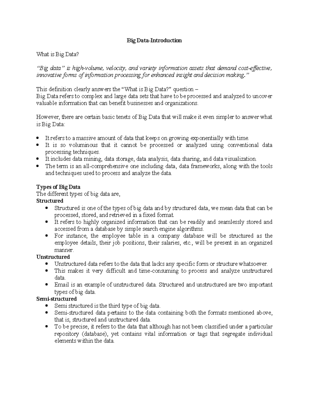 BIG DATA 101: Understanding Velocity, Variety, and Value - Studocu