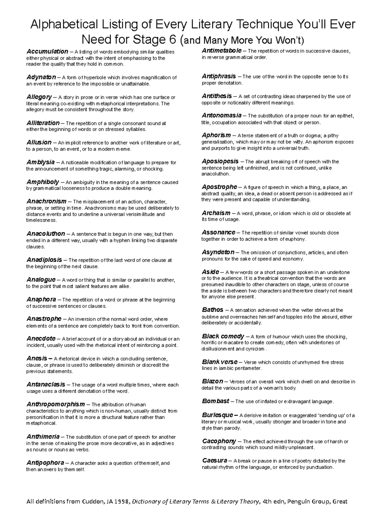 Alphabetical Listing of Literary Techniques for Stage 6 - Studocu