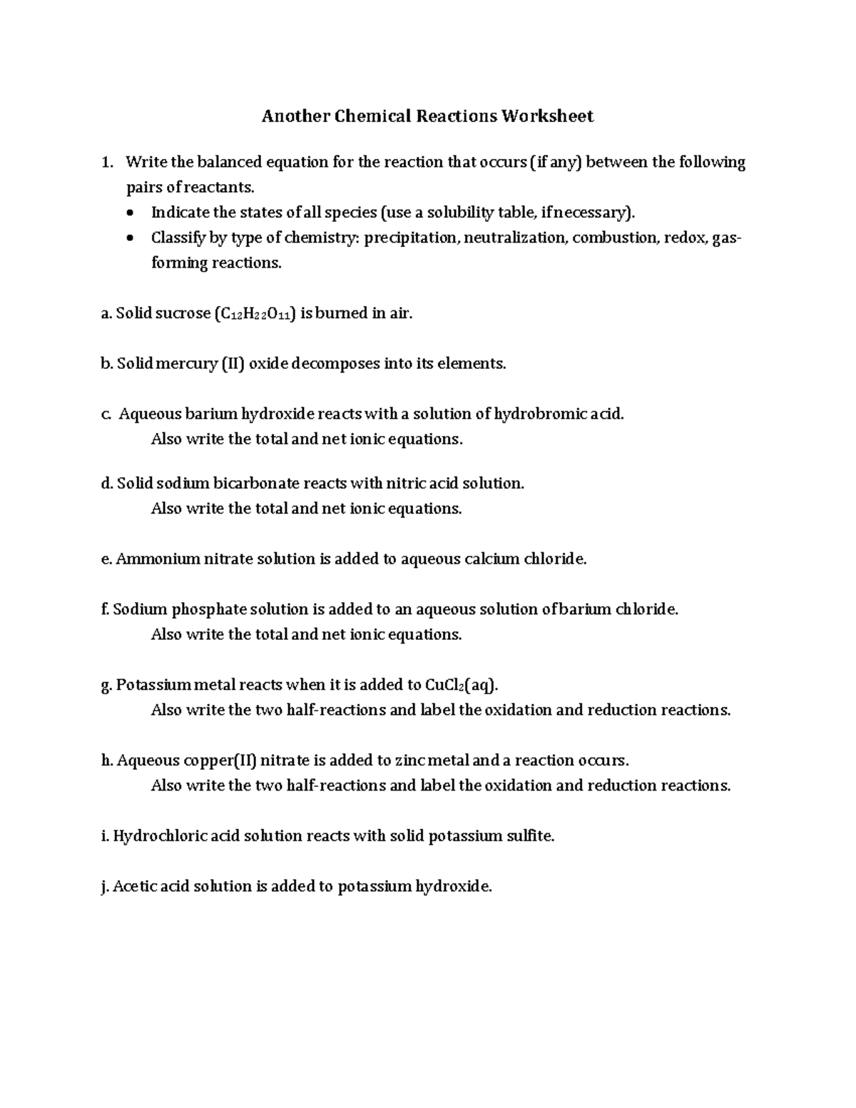 141 Chemical Reaction Worksheet: Balancing & Classifying Reactions ...