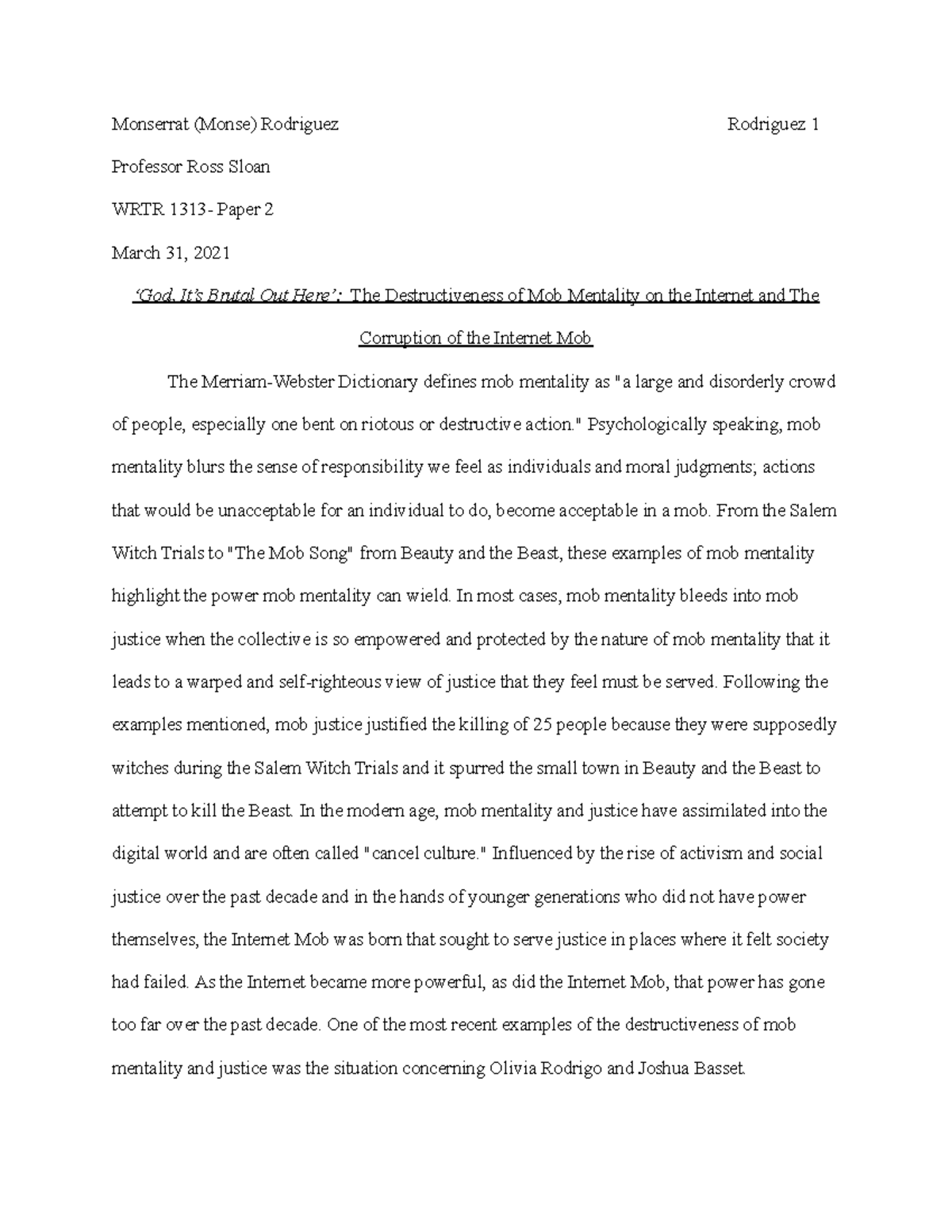 WRTR 1313 Paper 2 Final Draft - Monserrat (Monse) Rodriguez Rodriguez 1 ...