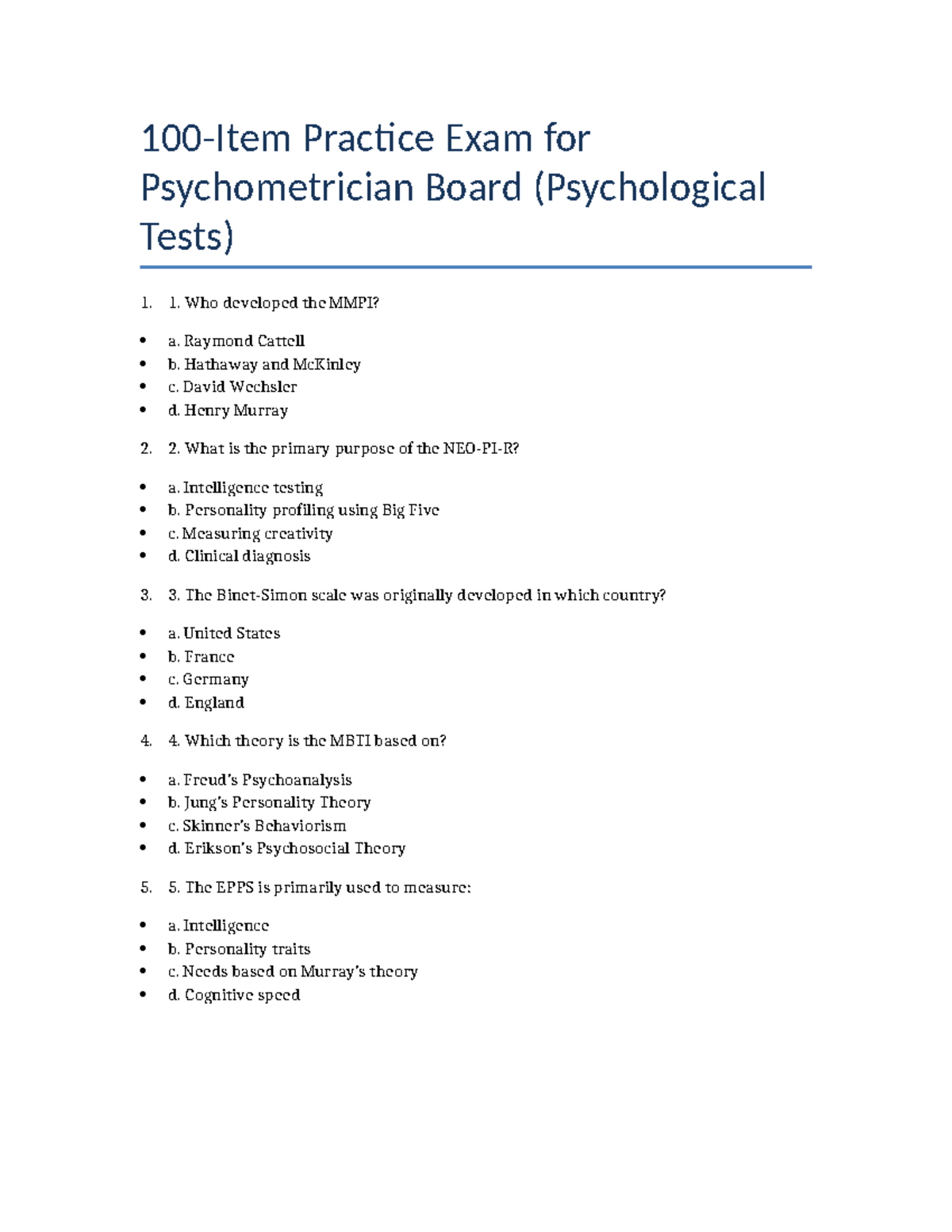 Psychometrician Board Practice Exam (Psychological Tests) - Studocu