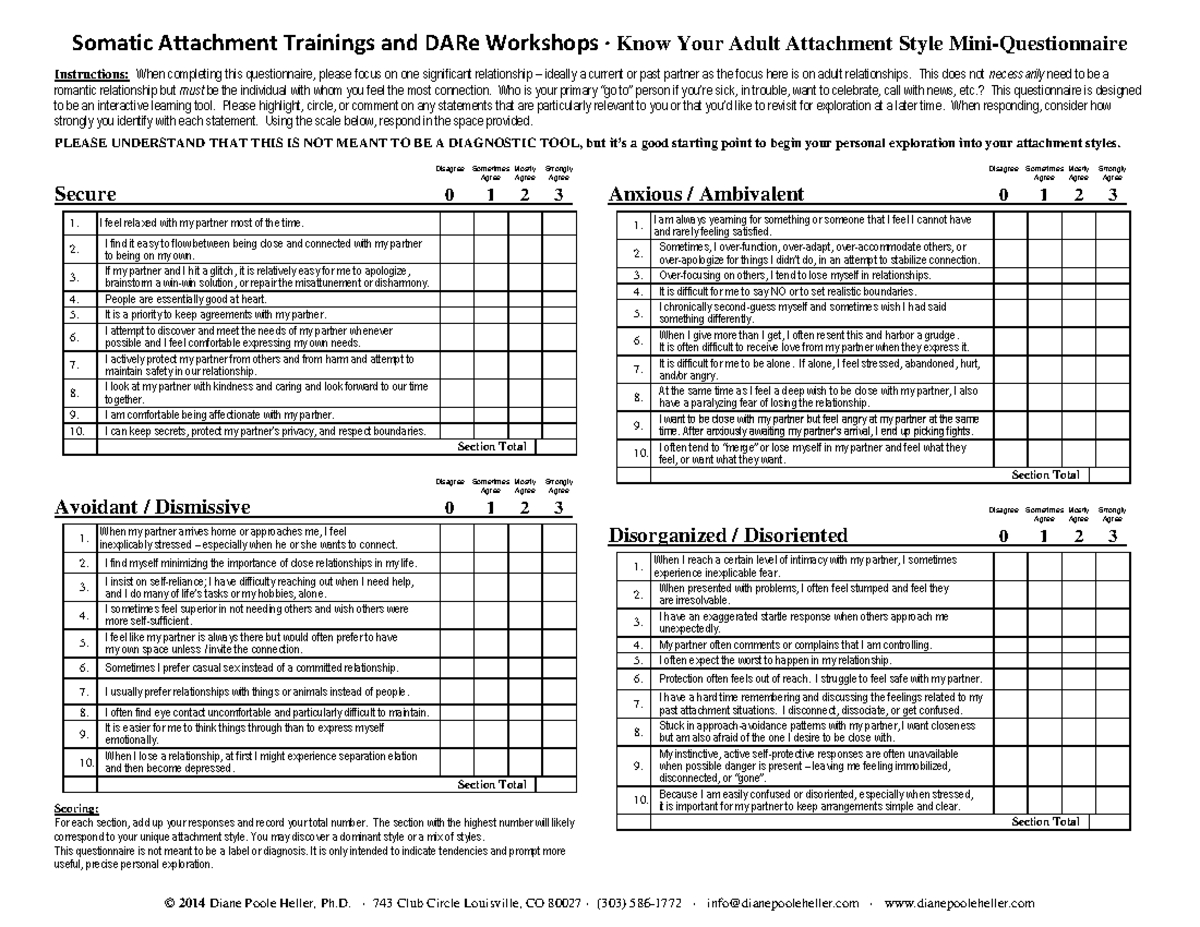 DARe Workshop: Know Your Adult Attachment Style Questionnaire - Studocu