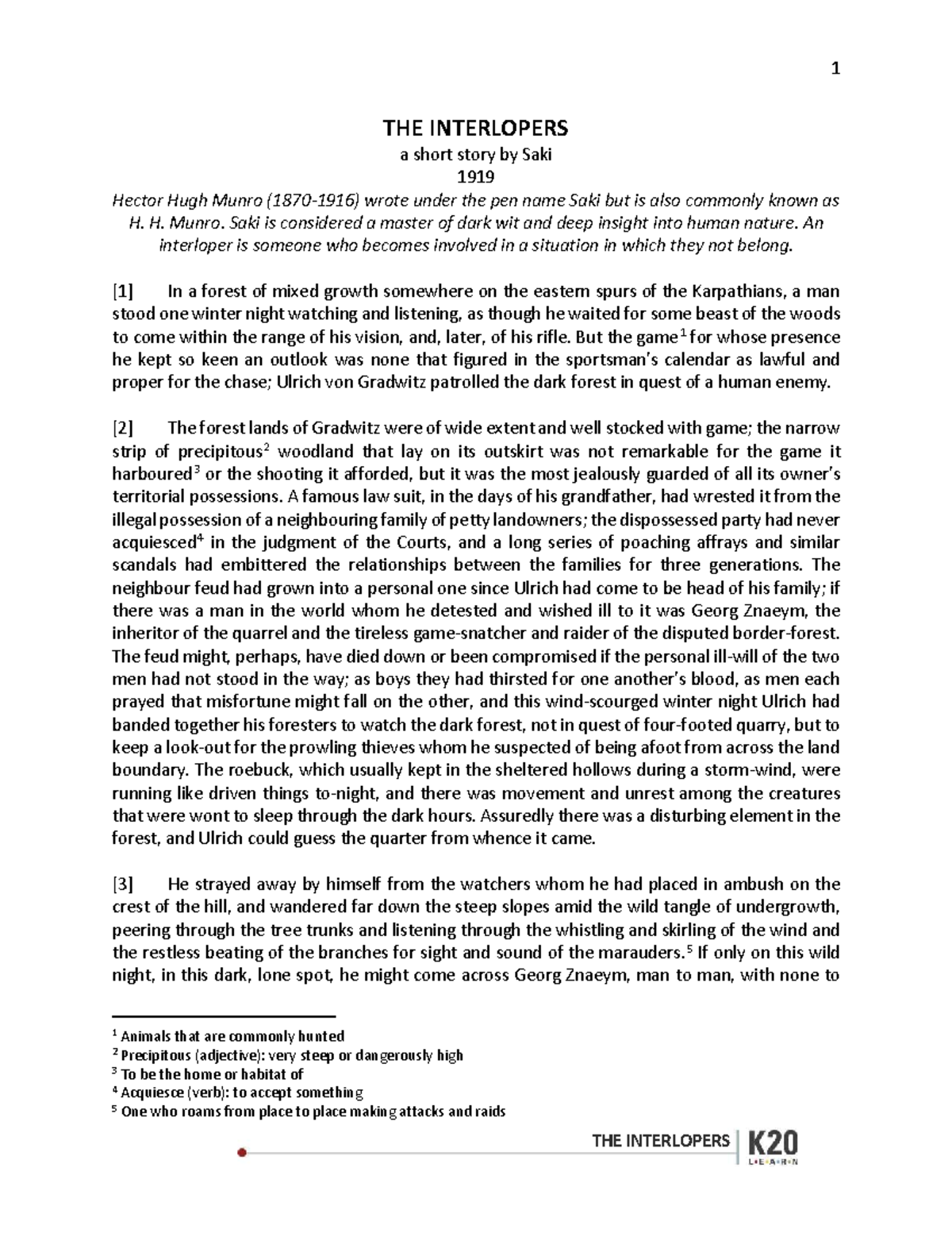 The Interlopers: A Short Story Analysis (Saki, 1919) - Studocu