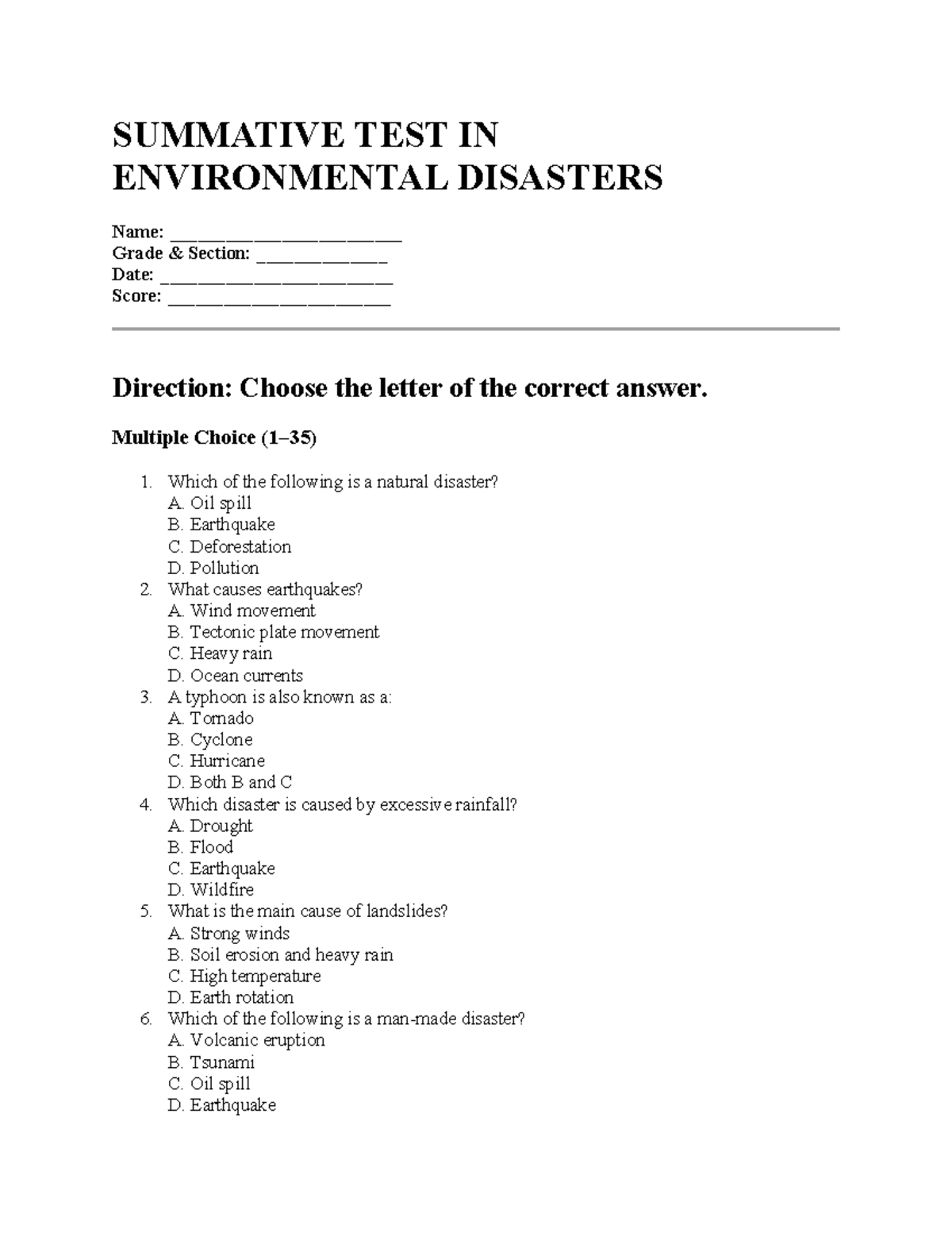 Summative Test in Environmental Disasters (Grade Section) - Studocu