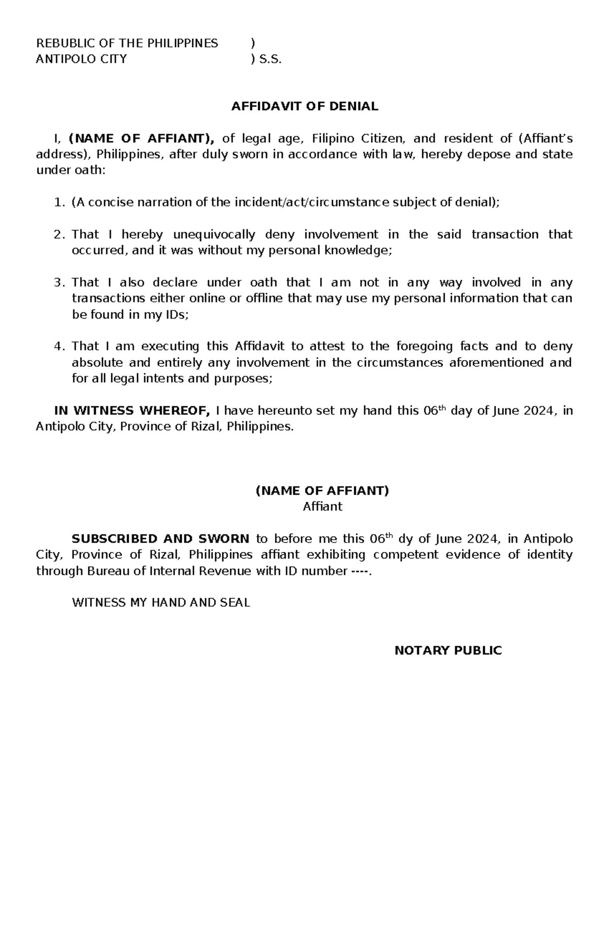 Affidavit of Denial: Legal Document for Non-involvement Statement - Studocu