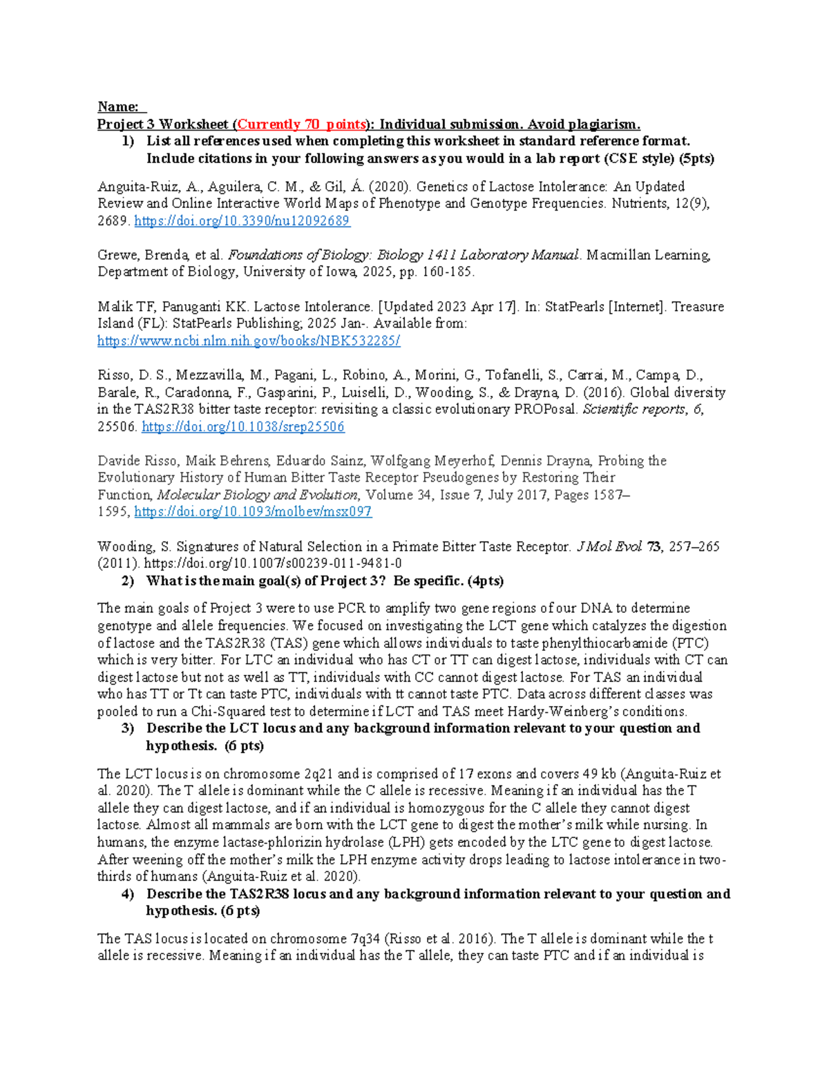 BIOL 1411 - Project 3 Worksheet: Genetics of Lactose Intolerance and ...