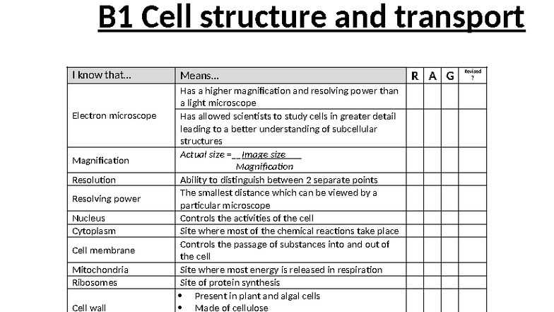 B1 Cell Structure and Transport: Key Concepts and Processes - Studocu