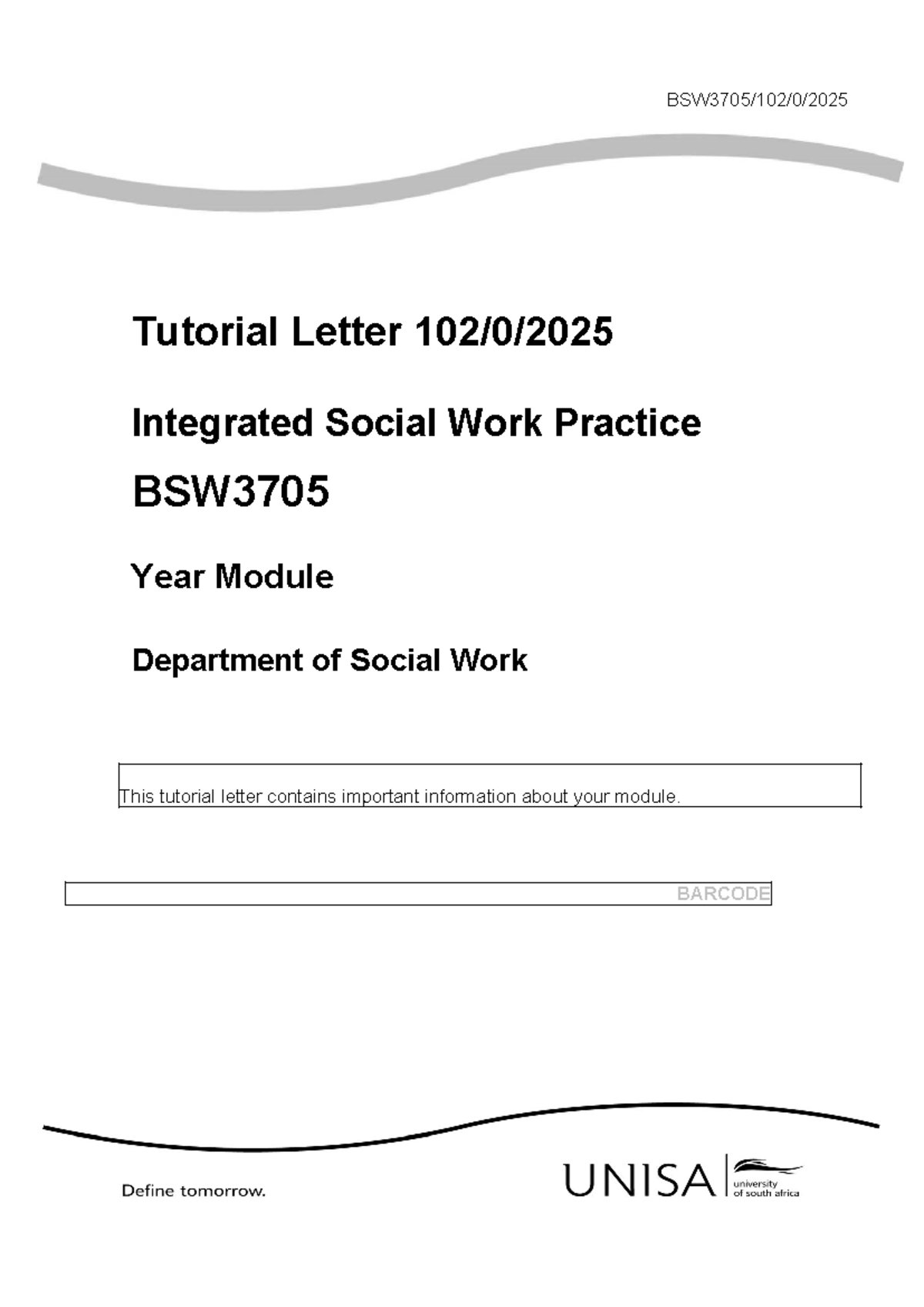 BSW3705 Tutorial Letter: Integrated Social Work Practice Overview for ...
