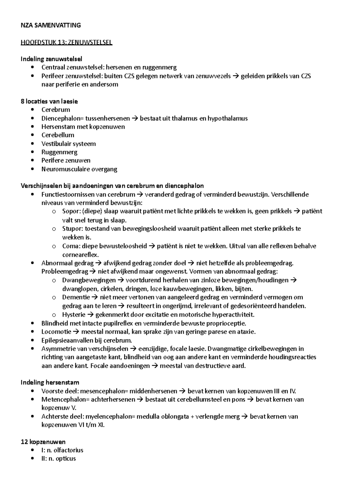 NZA Samenvatting Hoofdstuk 13: Zenuwstelsel Aandoeningen en Laesies ...