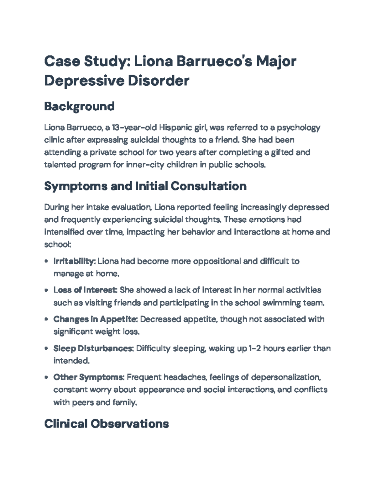 Case Study: Adolescent Major Depressive Disorder (PSY101) - Studocu