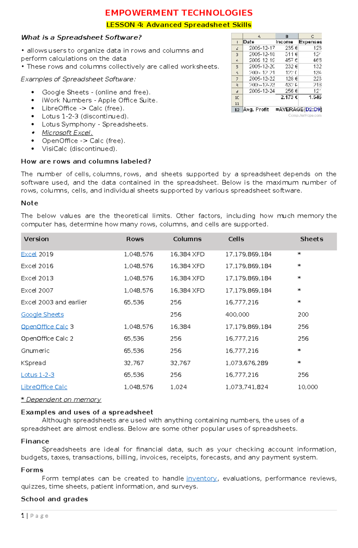 Lesson 4 - Advanced Spreadsheet Skills Overview and Key Concepts - Studocu