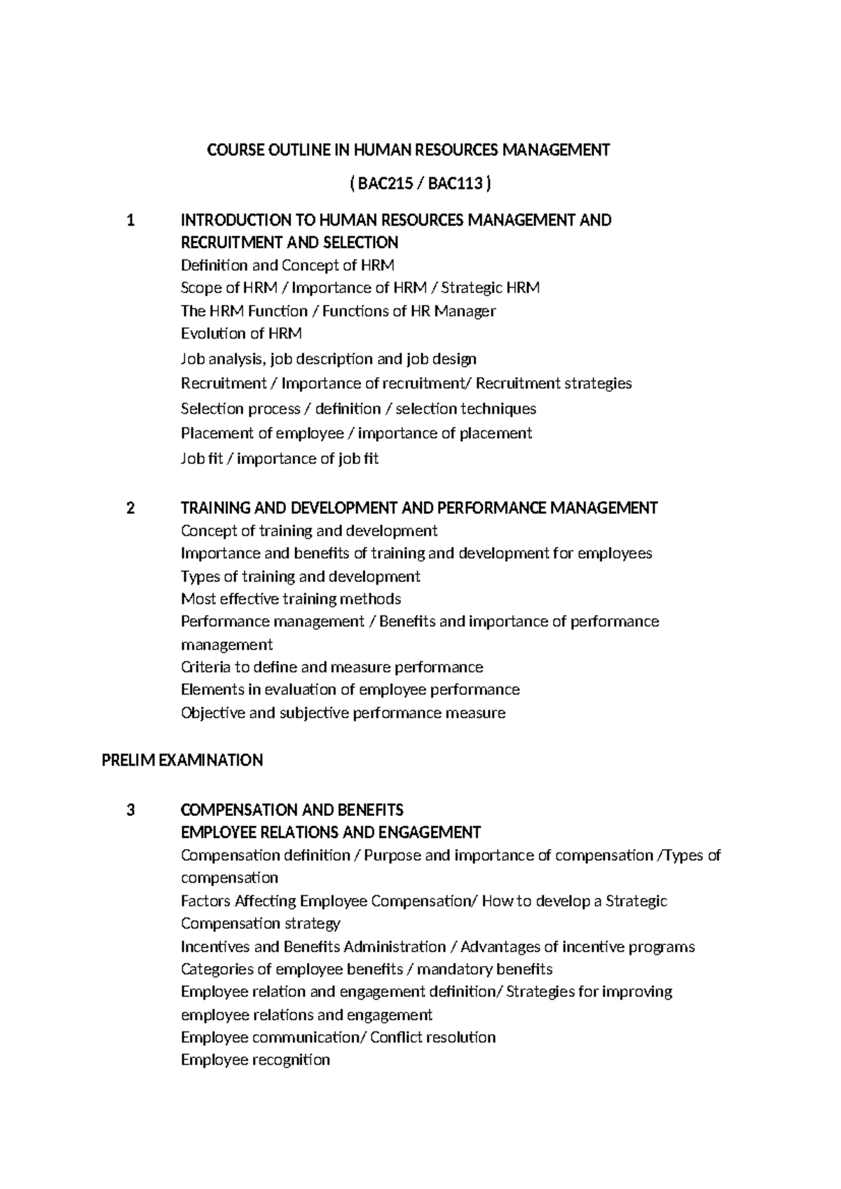 Course Outline: Human Resources Management (BAC215 BAC113) SY25-26 ...