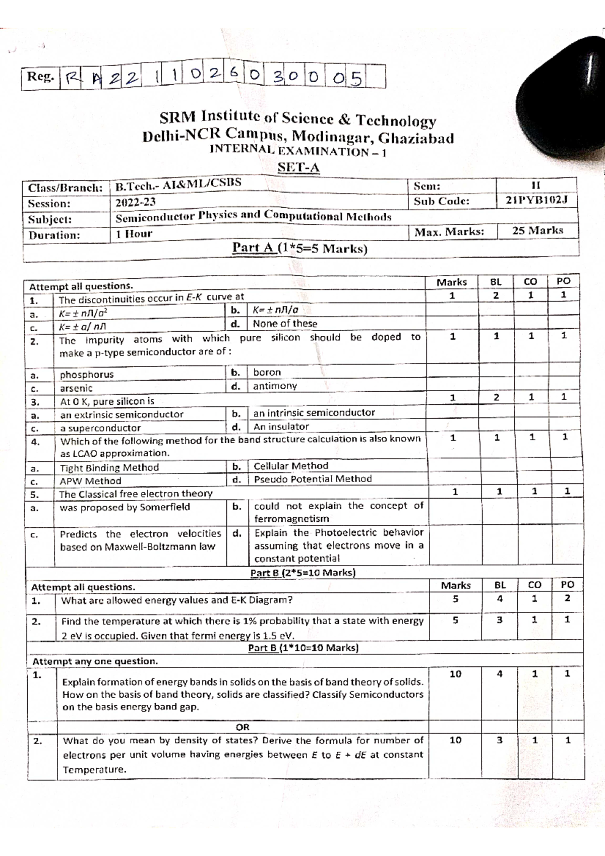 Physics question papers 2022-23 - Semiconductor physics and computational methods - Studocu