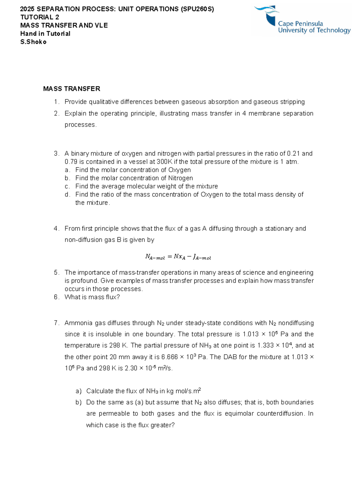 2025 SPU260S TUTORIAL 2: MASS TRANSFER & VLE QUESTIONS - Studocu