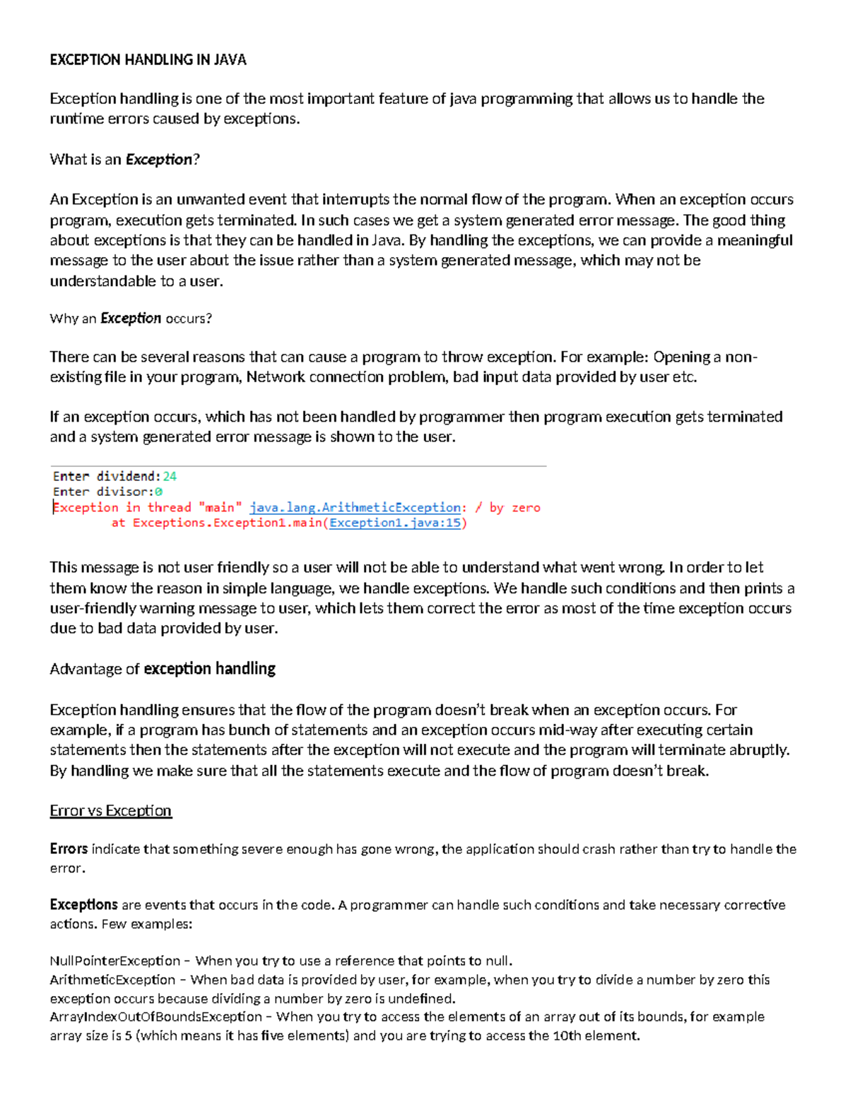 Java Exception Handling Overview and Key Concepts - Studocu
