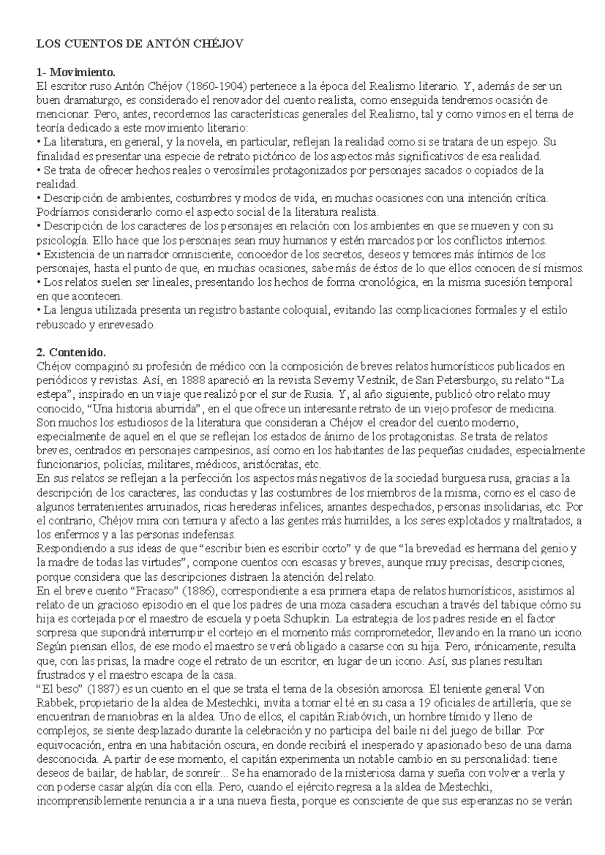 LOS CUENTOS DE ANTÓN CHÉJOV: Análisis del Realismo Literario - Studocu